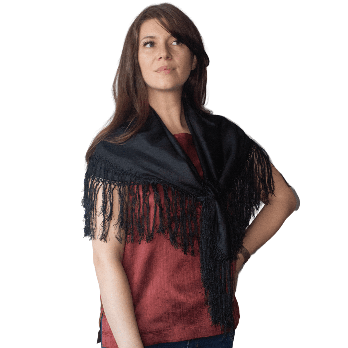 Exquisite Black Fringed Silk Shawl