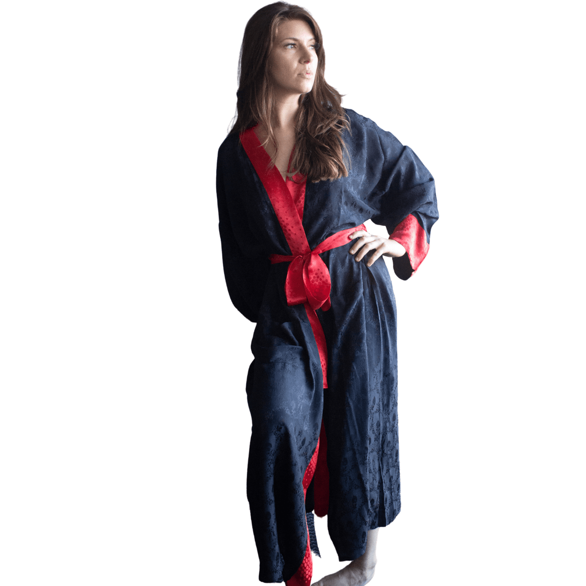LONG BLACK SILK JACQUARD KIMONO ROBE