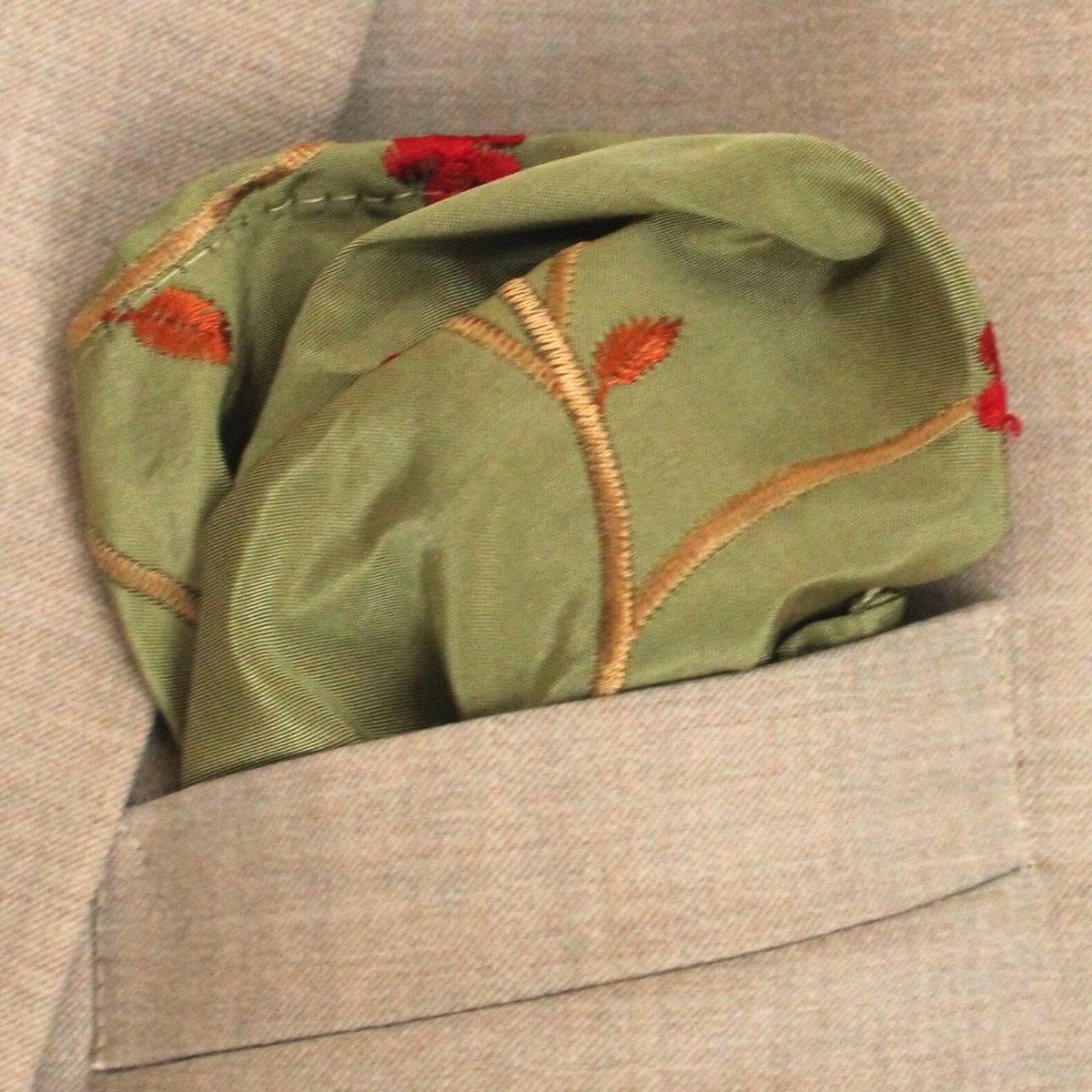 Sage Green Embroidered Silk Pocket Square