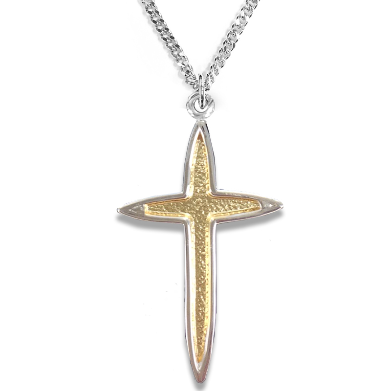 1-1/8 Inch Two-Tone Sterling Silver Pointed Ends Cross Necklace