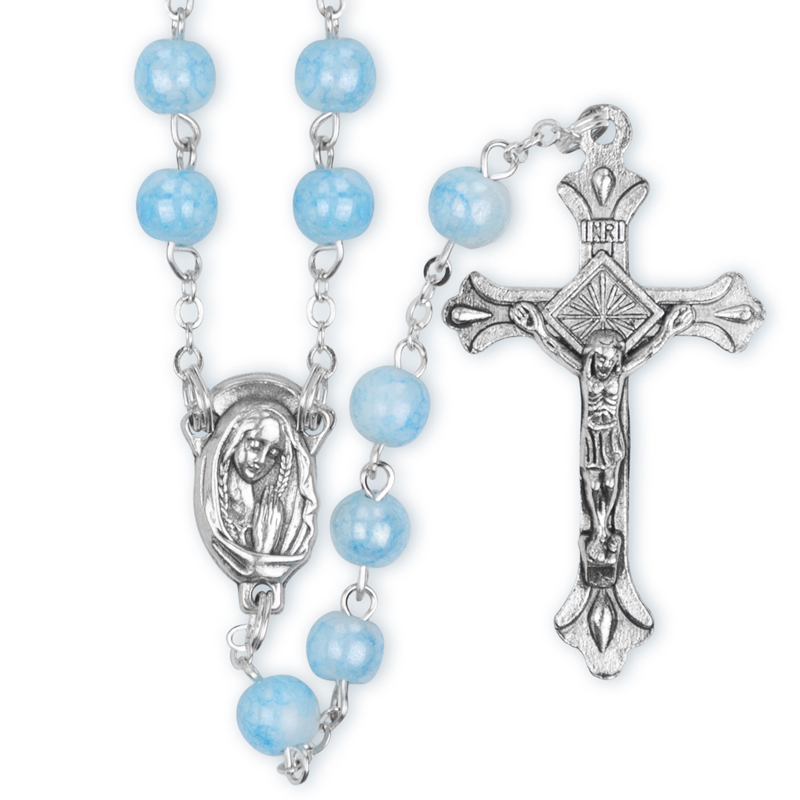 6mm Aqua Painted Glass Bead Rosary with Crucifix and Madonna Center