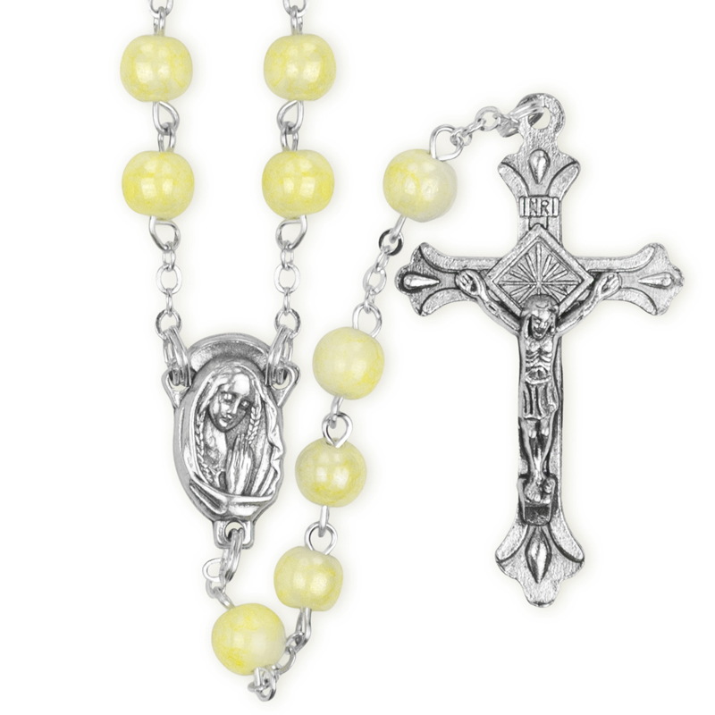 6mm Yellow Painted Glass Bead Rosary with Crucifix and Madonna Center