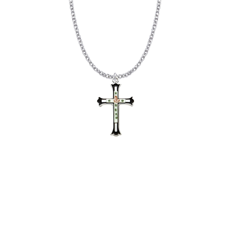 1 Inch Sterling Silver Enameled Rose Cross on Budded Ends Cross Necklace