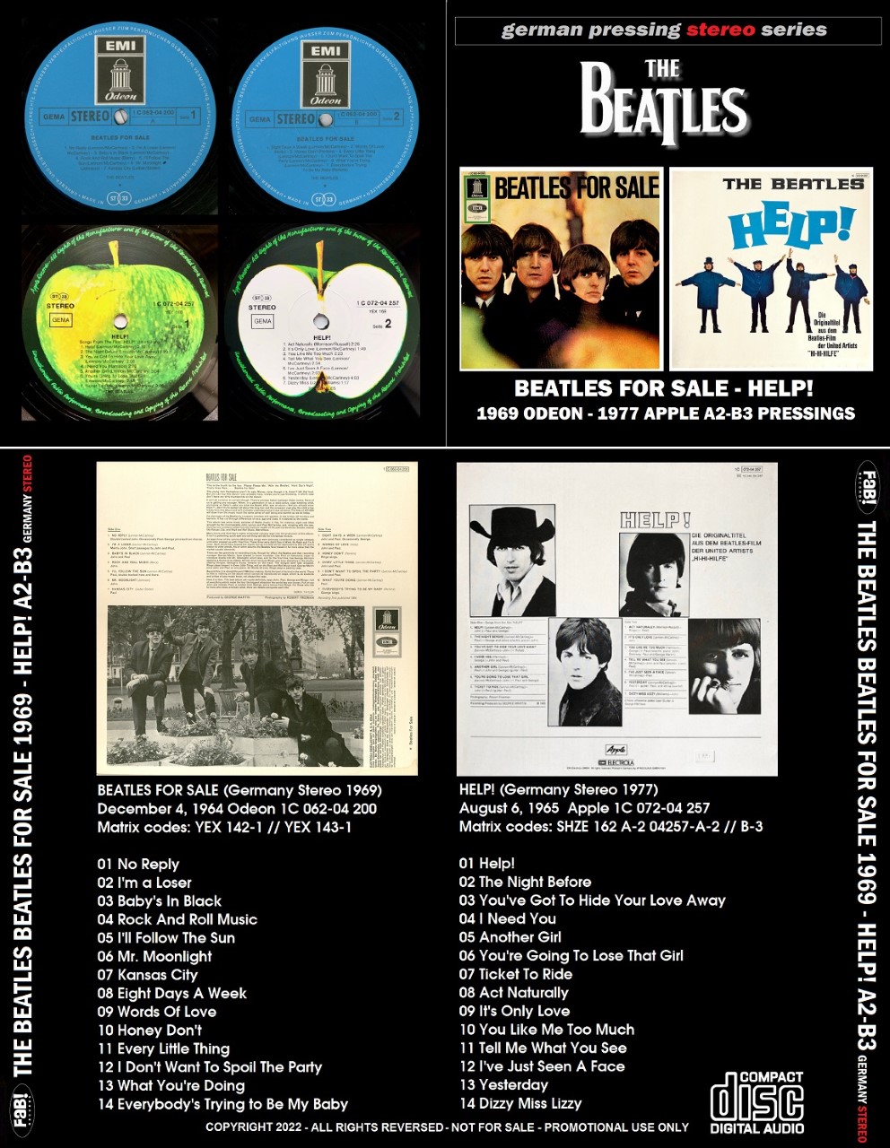 BEATLES CD - BEATLES FOR SALE - HELP! A2/B3 - 1969-1977 GERMAN PRESSINGS