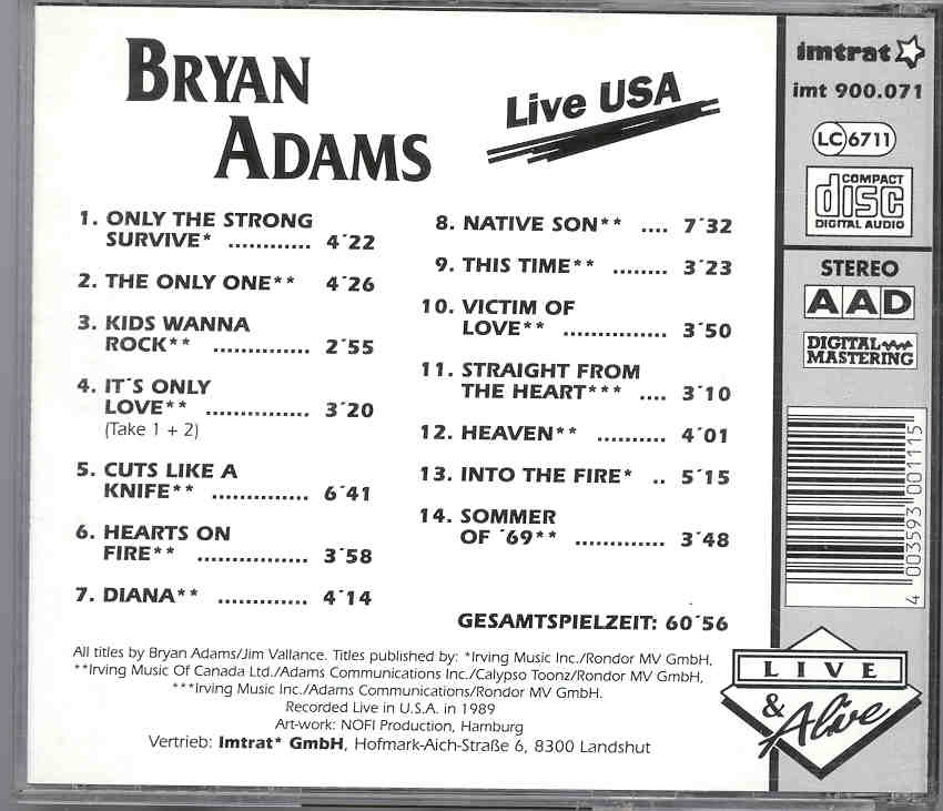 Bryan Adams Cd - Live In USA 1989
