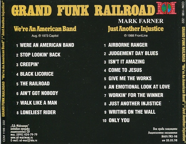 Grand Funk Railroad Cd - We're An American Band / Just Another Injustice