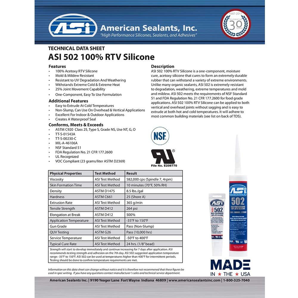 American Sealats ASI 502 RTV Silicone Sealant - Food Grade Products
