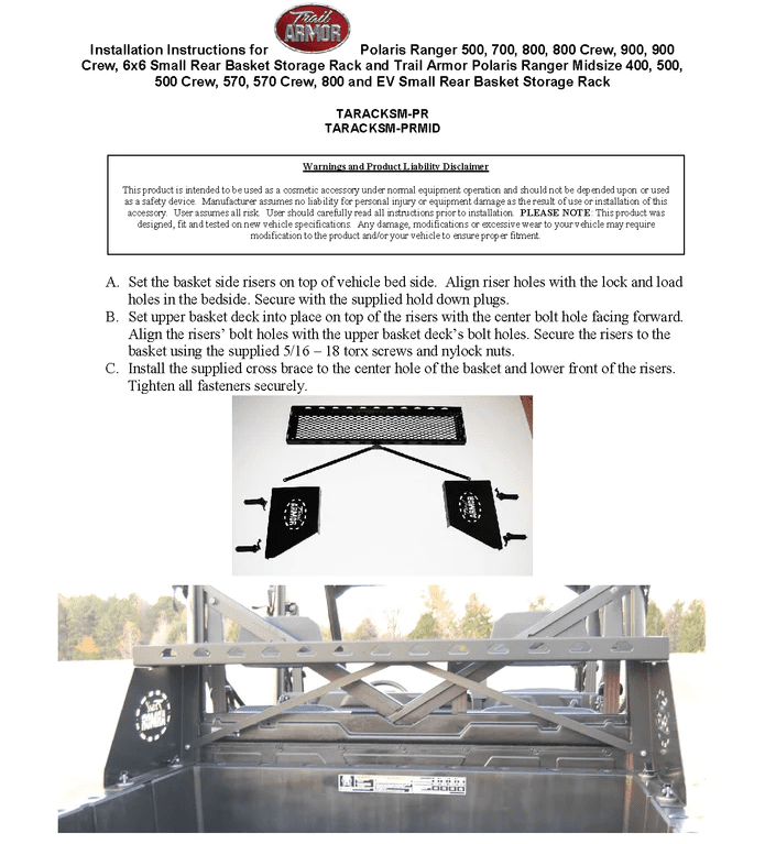 Trail Armor | Polaris Ranger | Small Rear Storage Rack