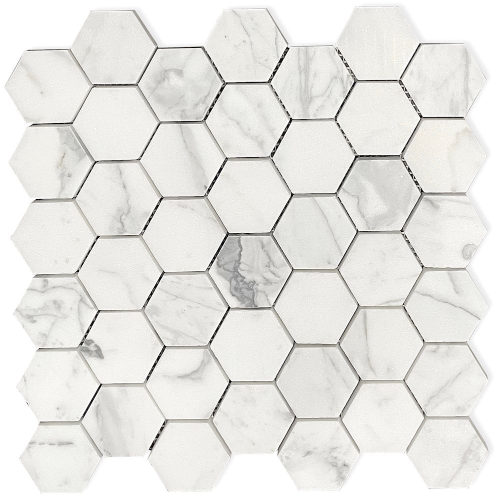 Statuario White Matte Honed 2" Hexagon Marble Mosaic