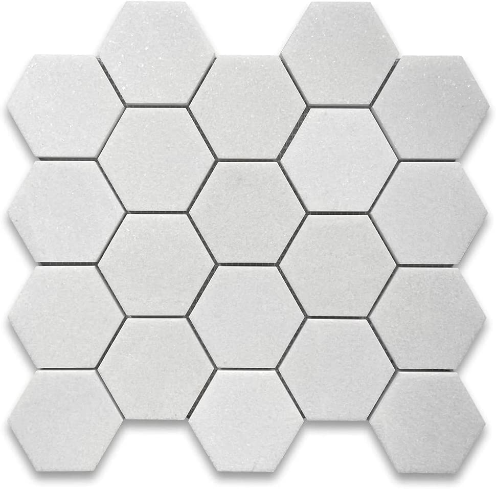 Thassos White Greek Marble Honed 3 inch Hexagon Mosaic