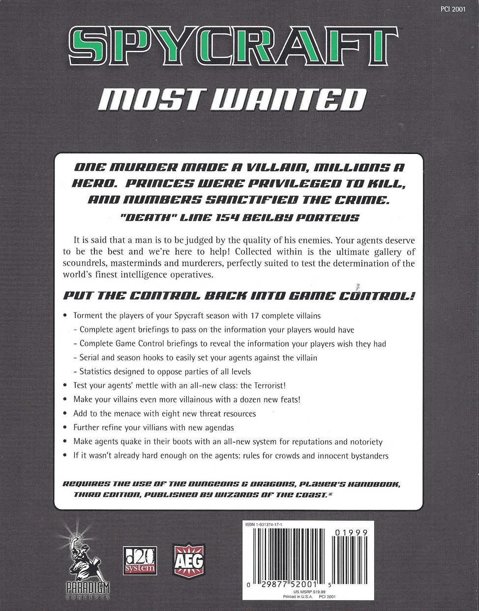 Paradigm Concepts, Inc. Spycraft Most Wanted RPG Book