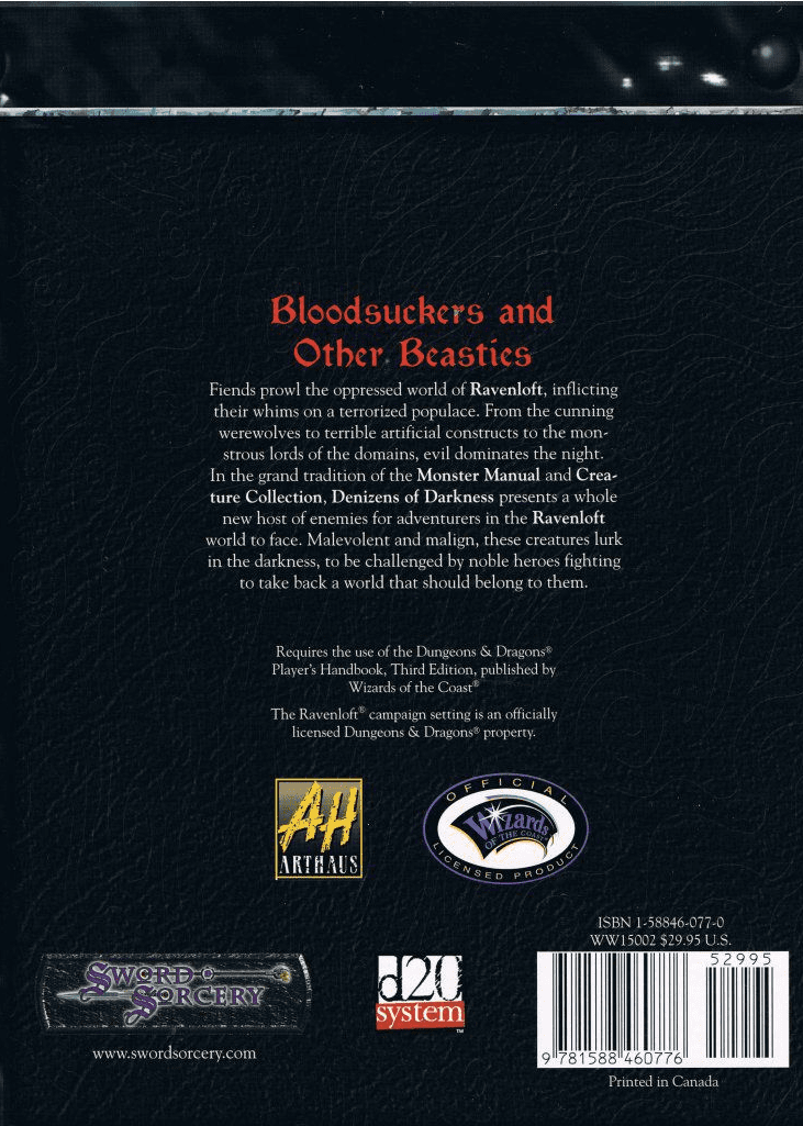 D&D Sword & Sorcery Ravenloft Denizens of Darkness Core Rulebook