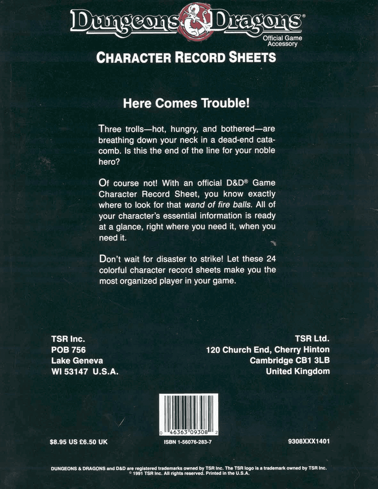 TSR 9308 Dungeons & Dragons Character Record Sheets