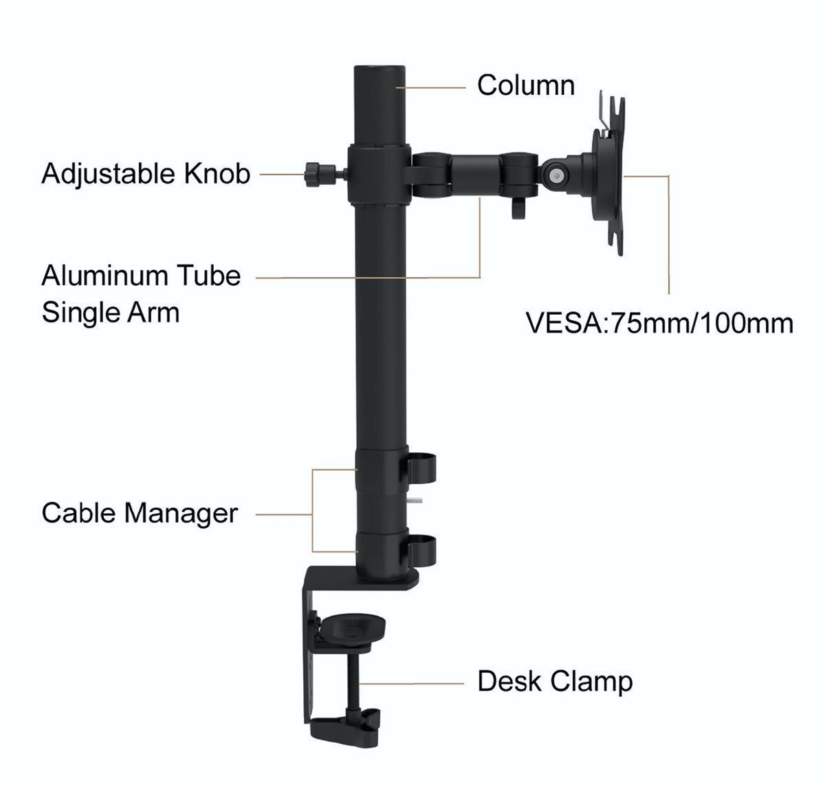 Single Monitor Arm, VESA mount post style - Black