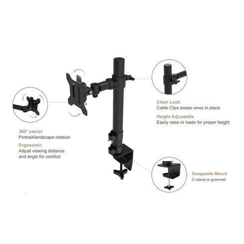 Single Monitor Arm, VESA mount post style - Black