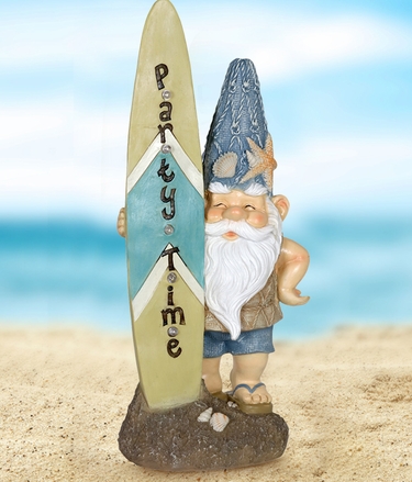 18" Solar Surfing Beach Gnome - Party Time only $67.95 at Garden Fun