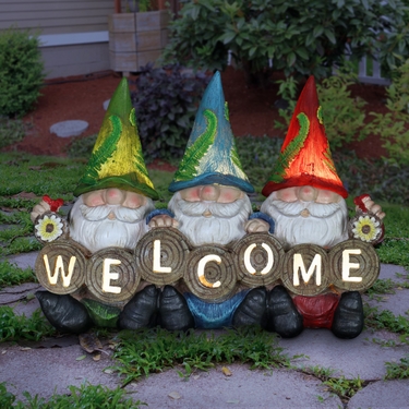 Gnomes Holding Solar Welcome Sign only $59.95 at Garden Fun