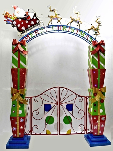Merry Christmas Iron Garden Gate w/Santa Sleigh, Reindeer & LED Lights ...