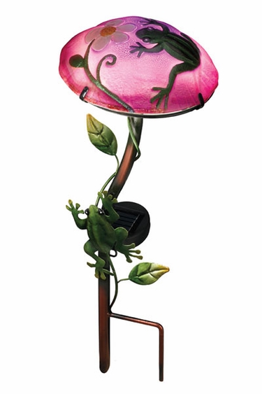 Pink Solar Mushroom Stake Light with Frogs & Daisies