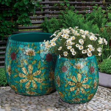 Teal Mosaic Planters | Mosaic Tile Planters | GardenFun