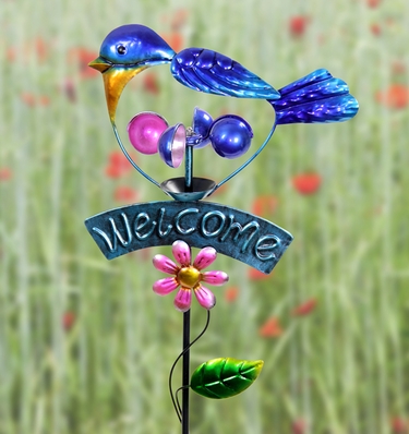Welcome Blue Bird Spinner Garden Stake only $34.95 at Garden Fun