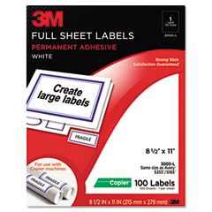 3M Permanent Adhesive White Full Sheet Copier Labels, 8-