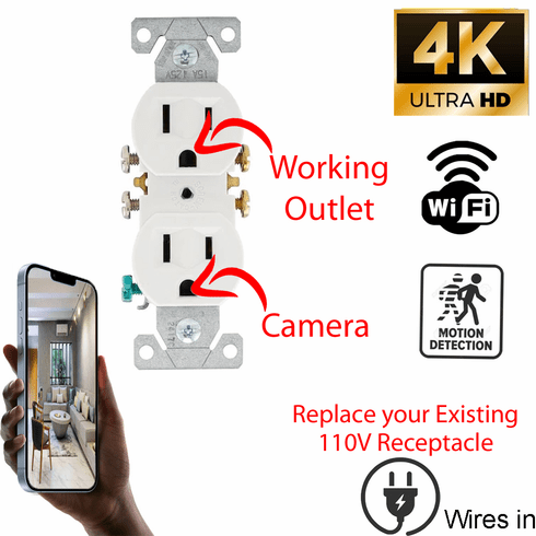 4K Ultra HD Wi-Fi Receptacle Power Outlet AC 120V AC Powered Spy Camera ...