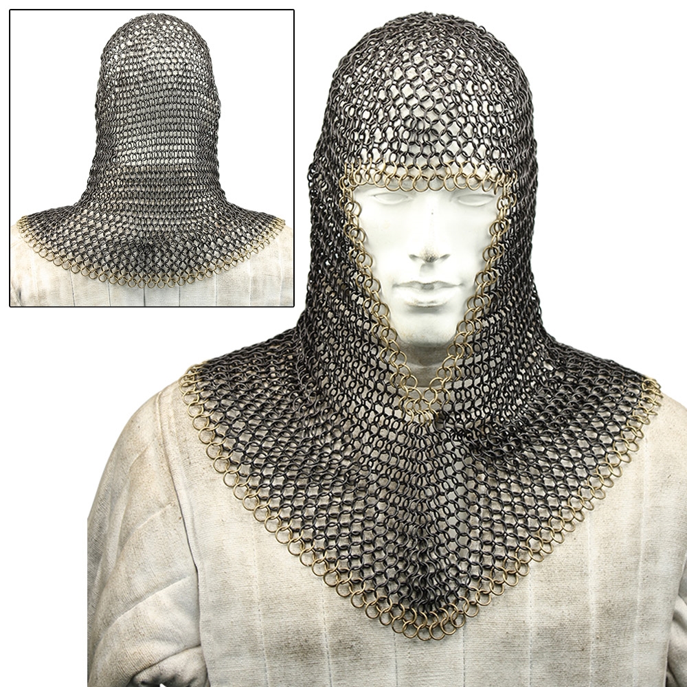 Medieval V Brass Face Mild Steel Chainmail Coif Armor 5D4-IN1401BKBS