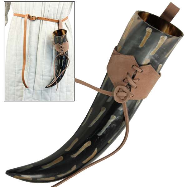 Fire Burned Medieval Drinking Horn with Black Leather Holder 4D1-IN4212