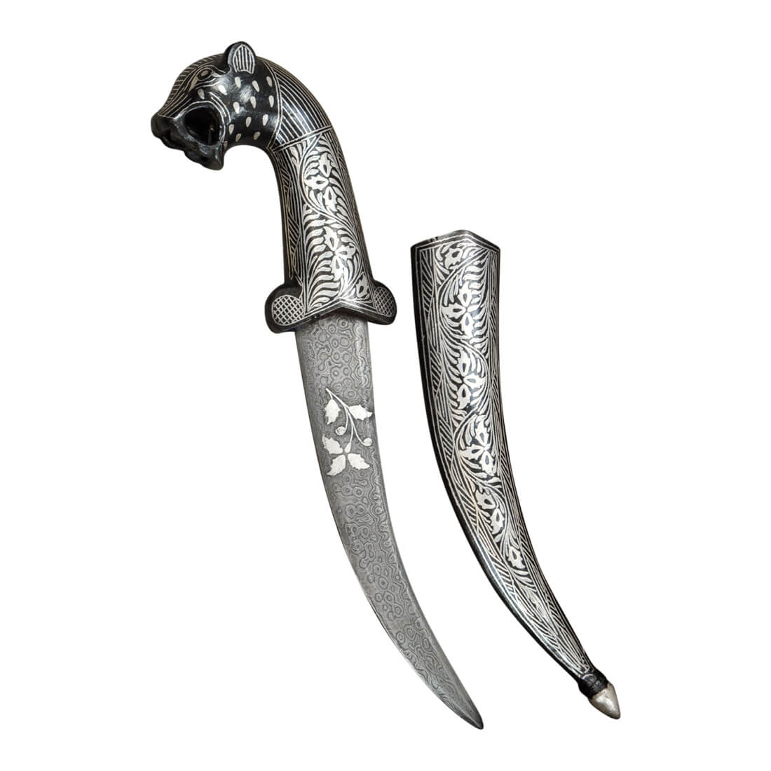 Small Damascus and Koftgari Inlay Indian Dagger with Tiger Head Pommel