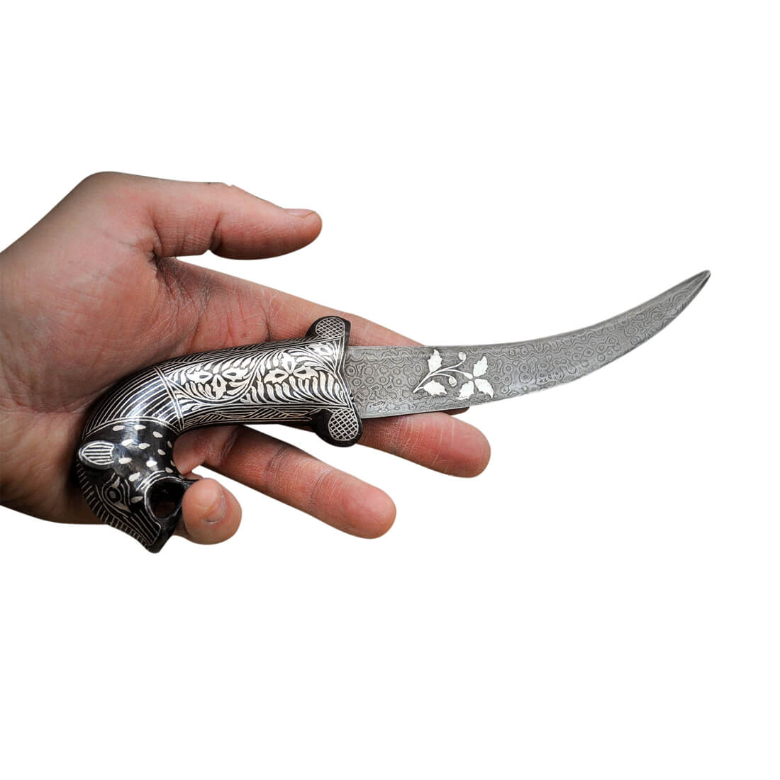 Small Damascus and Koftgari Inlay Indian Dagger with Tiger Head Pommel