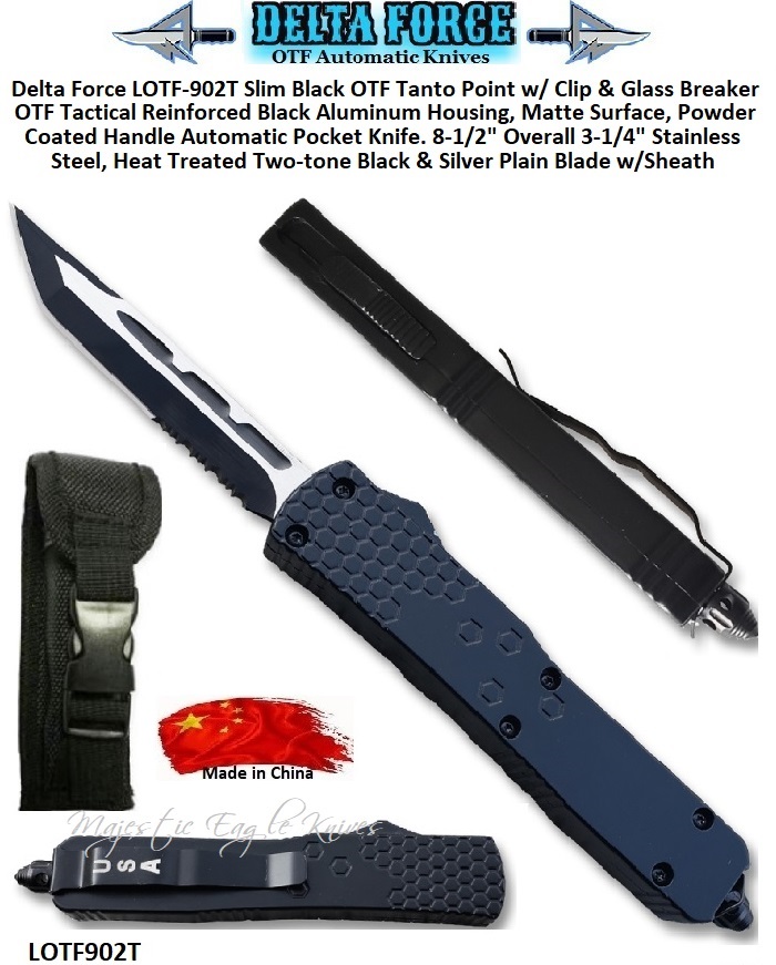 Delta Force LOTF902T Slim Black Tanto Point OTF Tactical Black Double ...