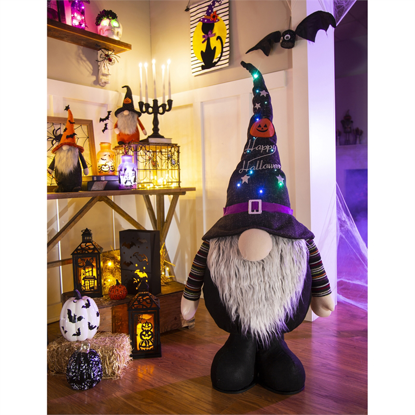 LED Plush Halloween Gnome with Witch Hat Décor - Holiday Items