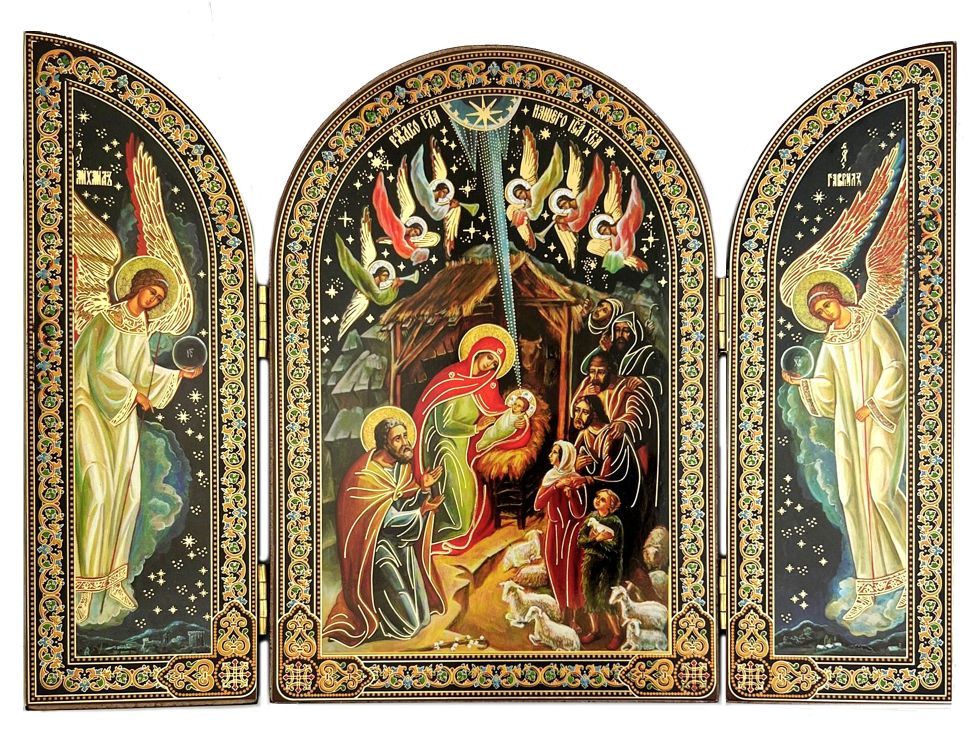 Orthodox Nativity Icon Triptych With Archangels - Gold Foil