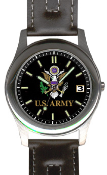 Army Stainless Steel Case with Leather Strap Service Emblem Watch