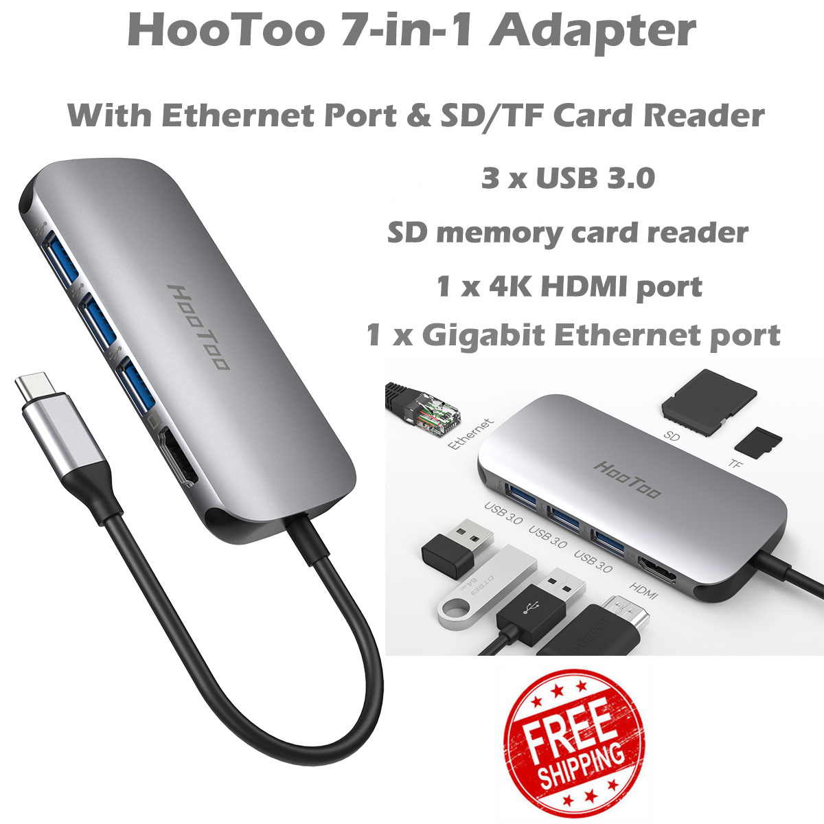 HooToo UC008 USB C Hub 7-in-1 Adapter Ethernet Port SD/TF Card Reader ...