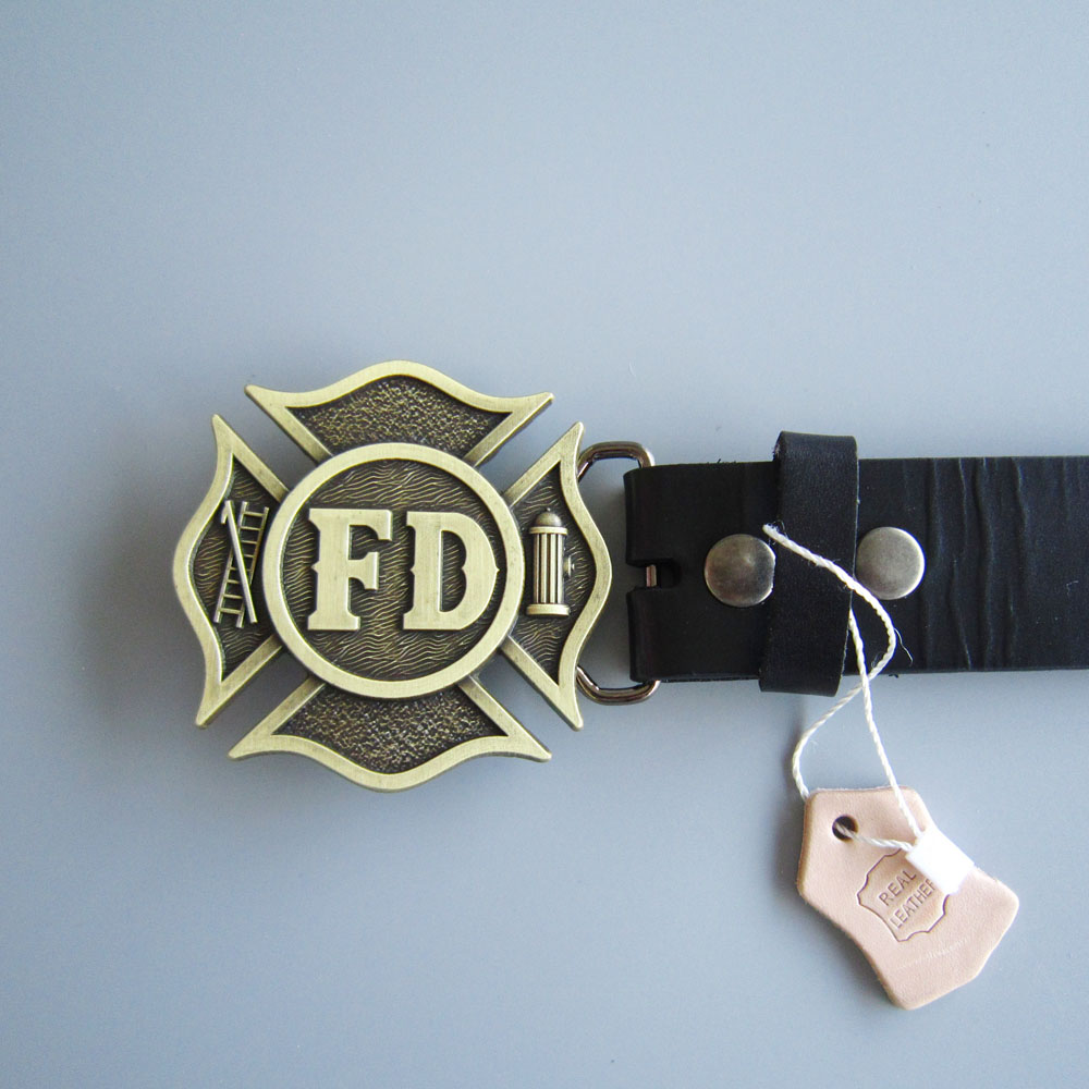 Bronze Plated FD Fire Firefighter Belt Buckle W Black Genuine Leather ...