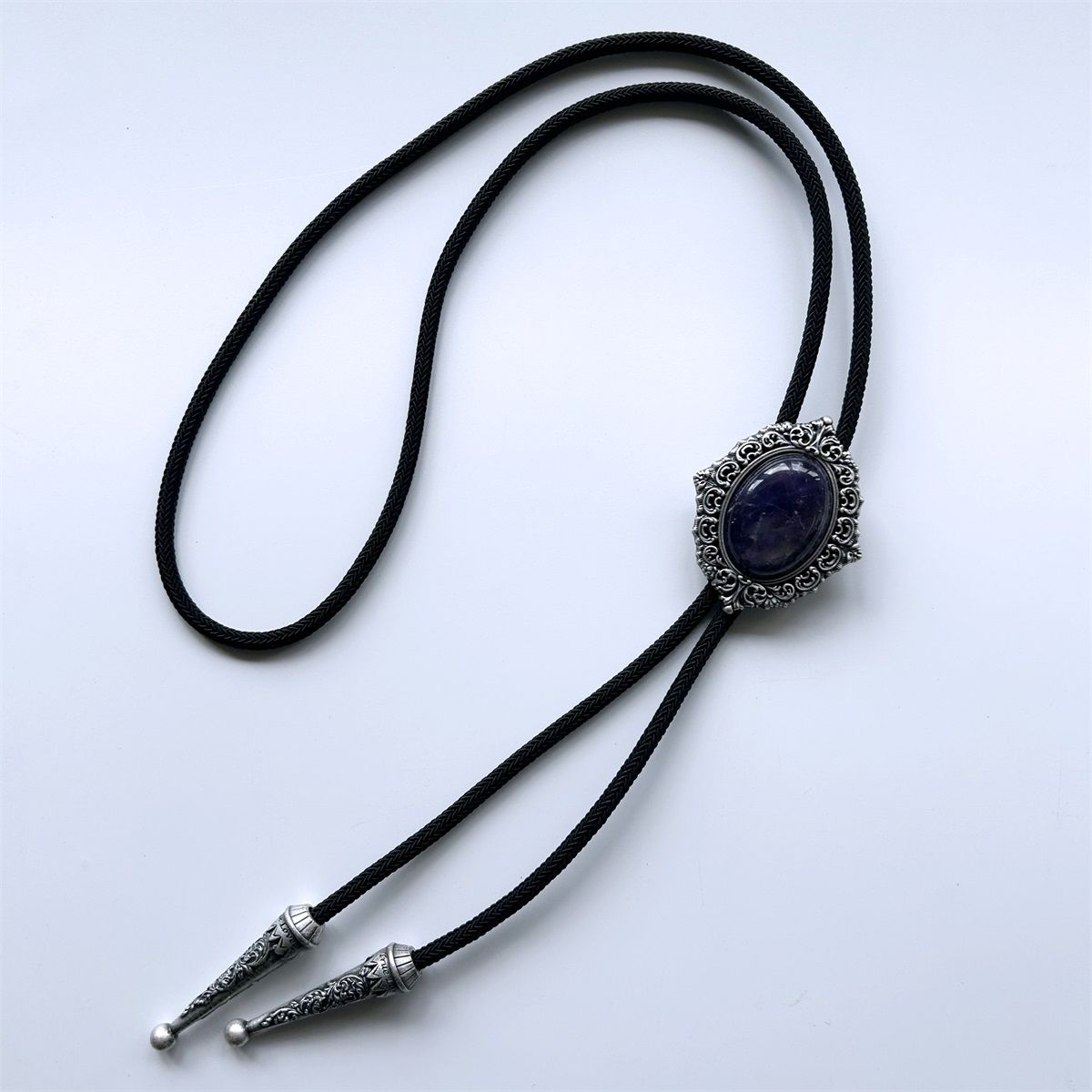 Vintage Silver Nature Amethyst Stone Magic Mirror Bolo Tie