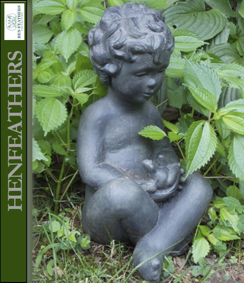 Boy With Frog Sculpture - Garden Decor - HenFeathers