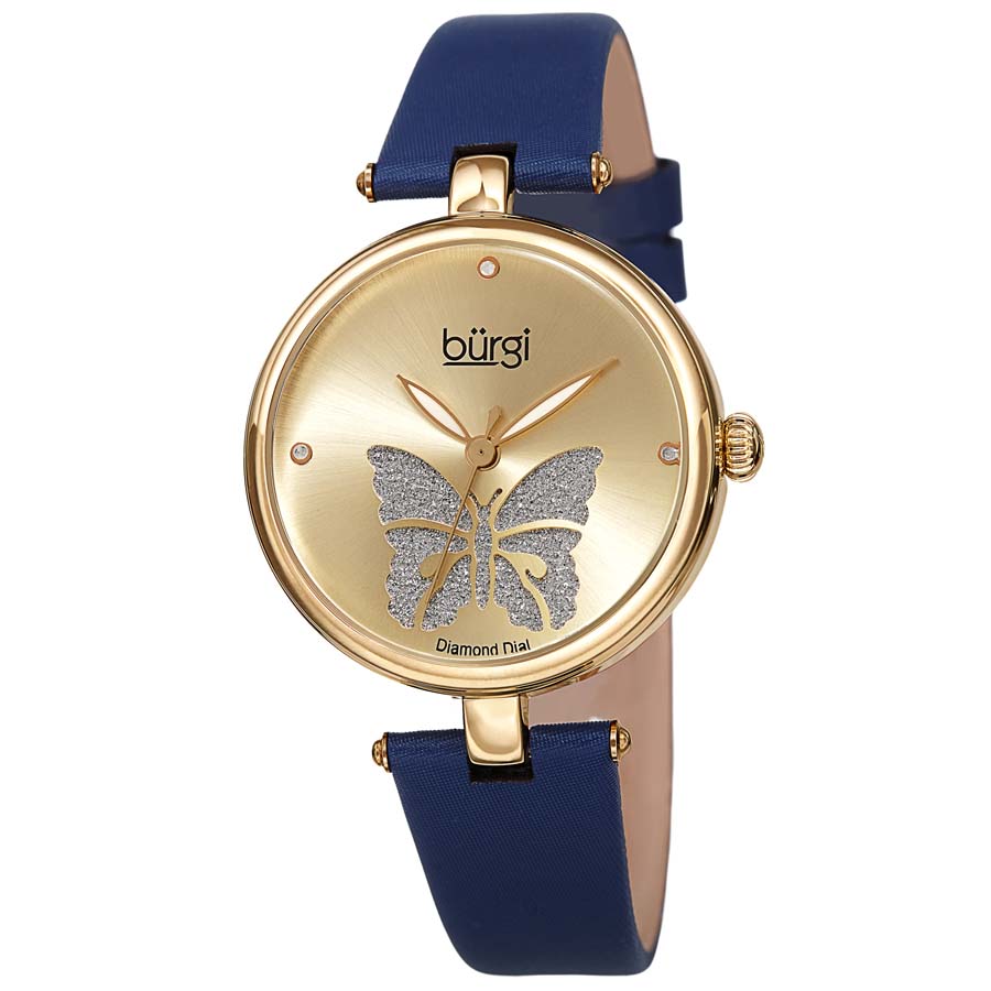 Burgi Pretty Butterfly Ladies Quartz Watch Gold Glitter Butterfly Dial 34 mm Leather Strap BUR233YGBU