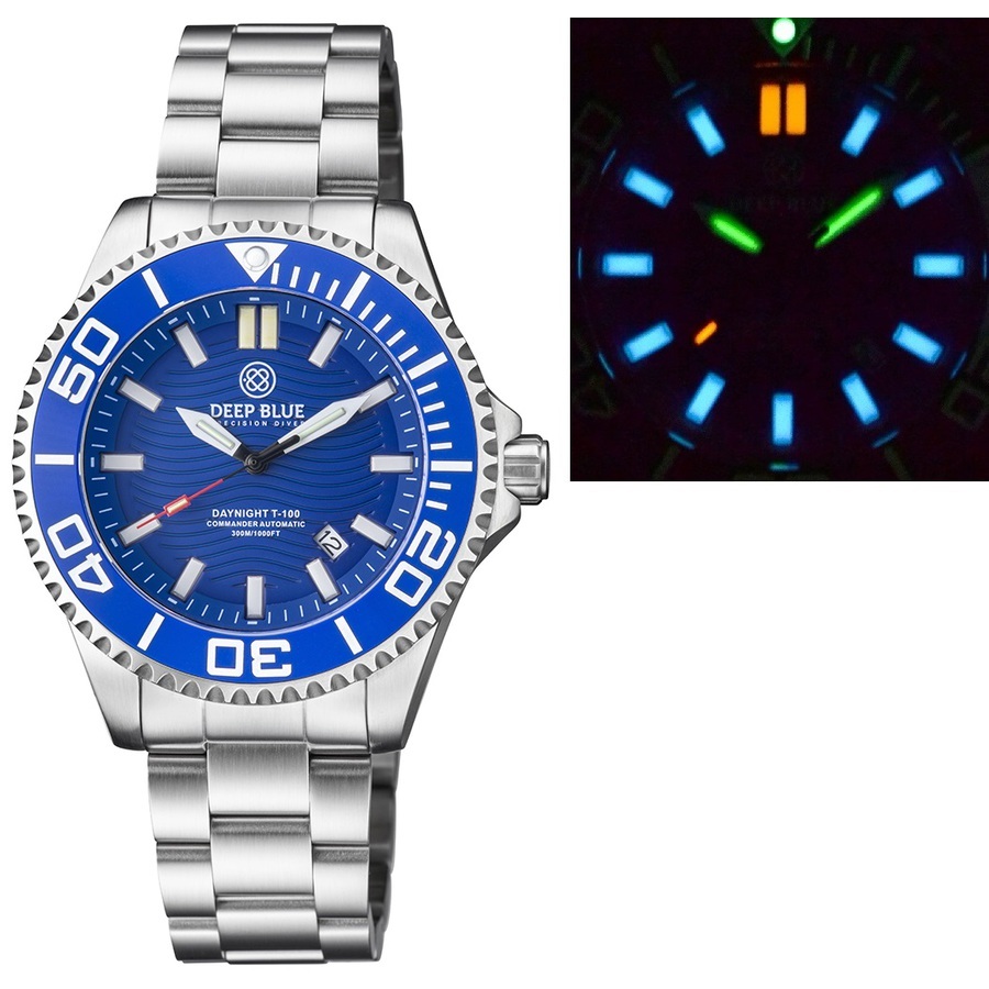 Deep Blue Daynight T-100 Commander Tritium Automatic Blue Dial Mens ...