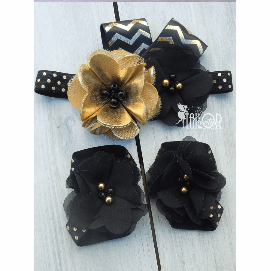 Black and Gold Flower Barefoot Sandals Set