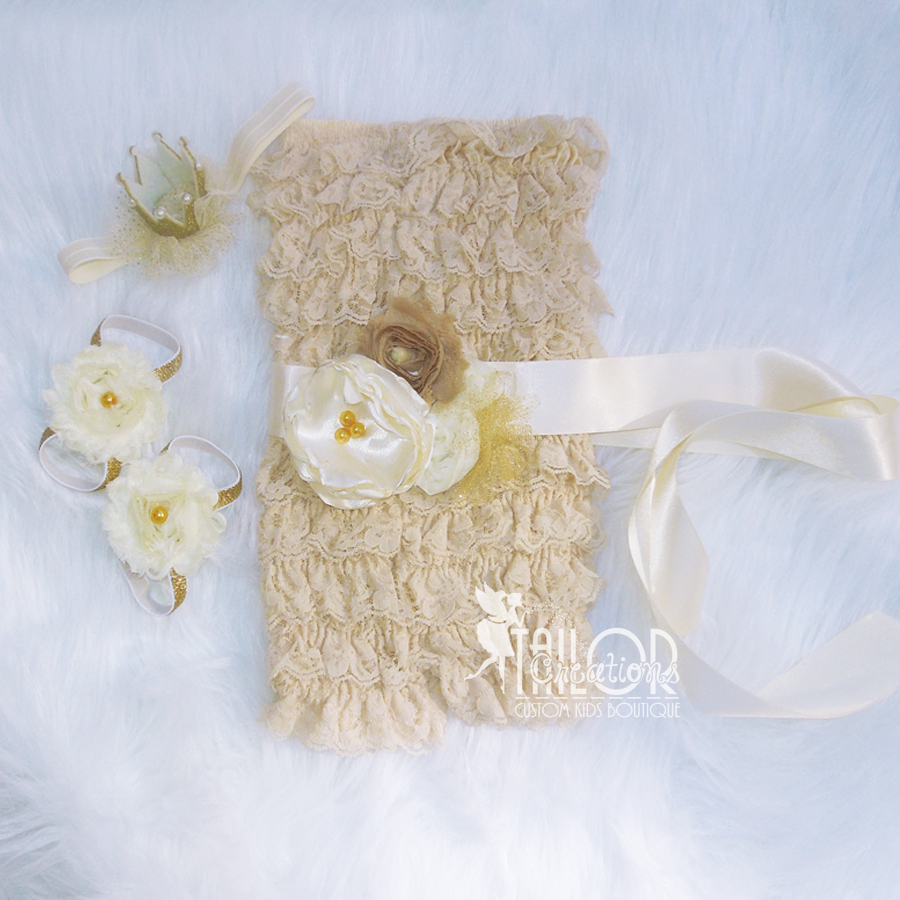 Ivory and Gold Posh Petti Lace Romper Set and Sash
