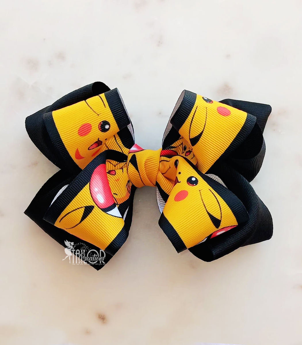 pokemon hair bow - pikachu stacked hair bow clip - girls toddler bow clips
