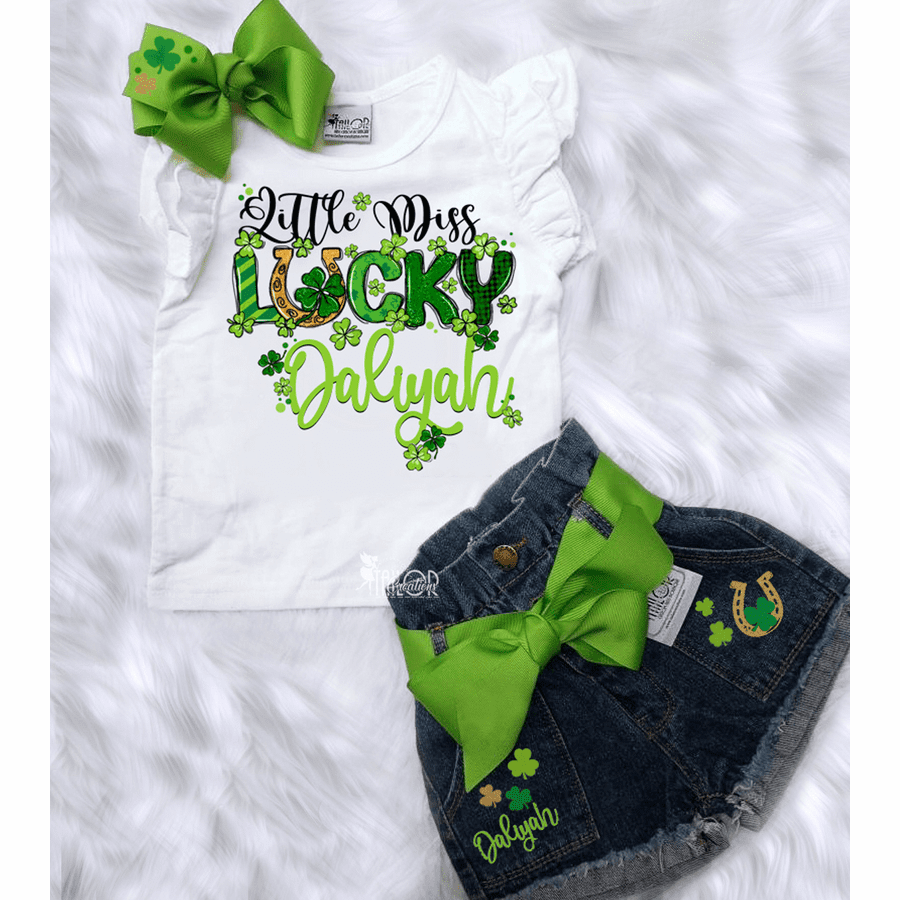 St Patricks Day Lucky Glitter Custom T Shirt Shamrock Clover Outfit Set