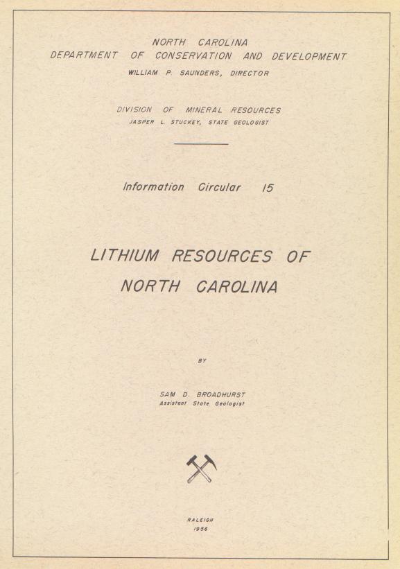 LITHIUM Resources of North Carolina: NCGS Information Circular 15