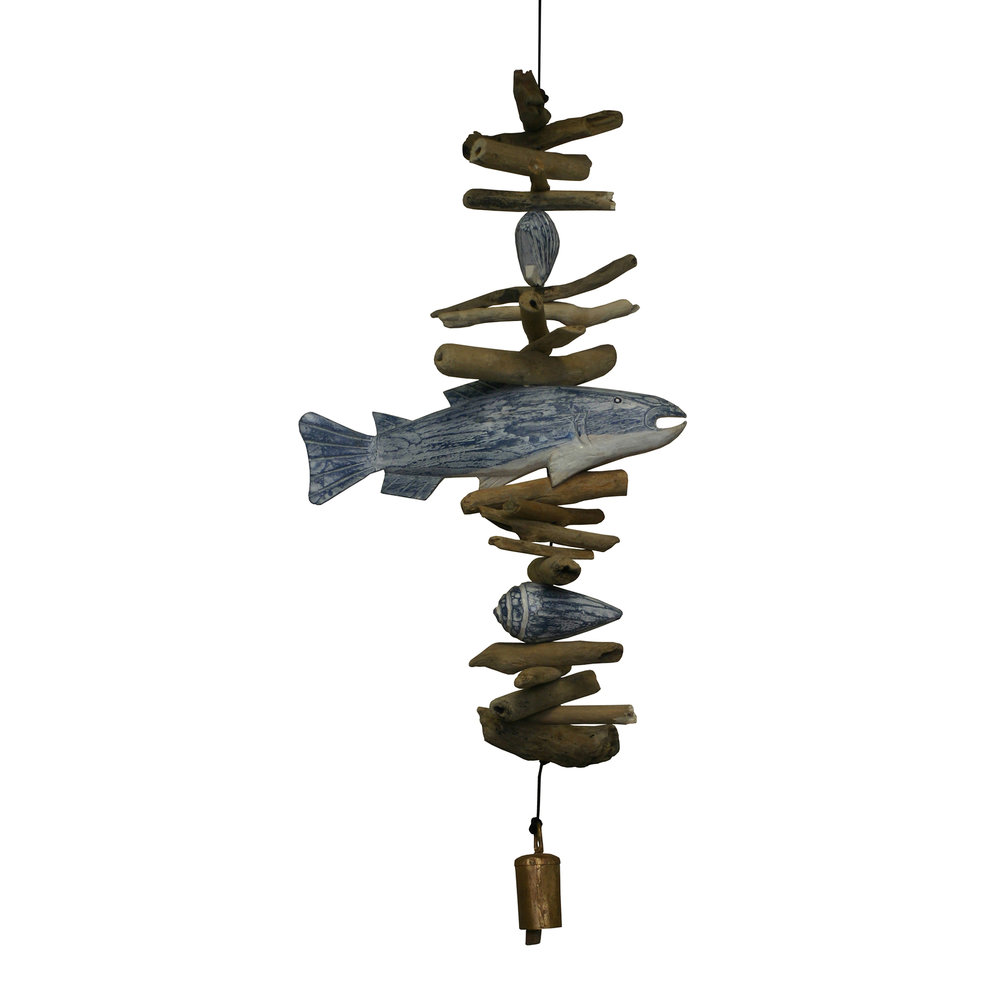 Blue & White Washed Fish with Clam Shells Bamboo Wind Chime