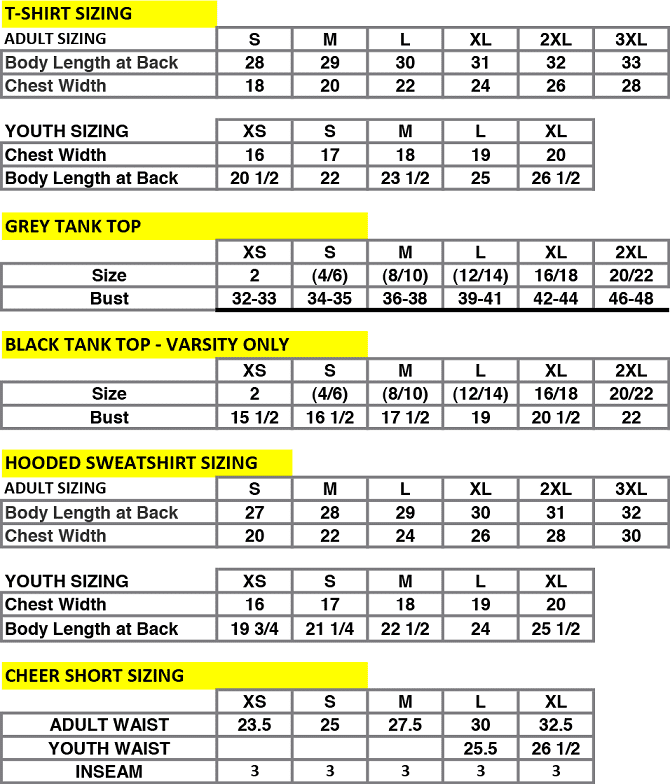 CHEER PACK SIZE GUIDE
