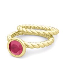 Bezel Set Solitaire Ruby Engagement Ring 18k Gold Rope Band 5mm