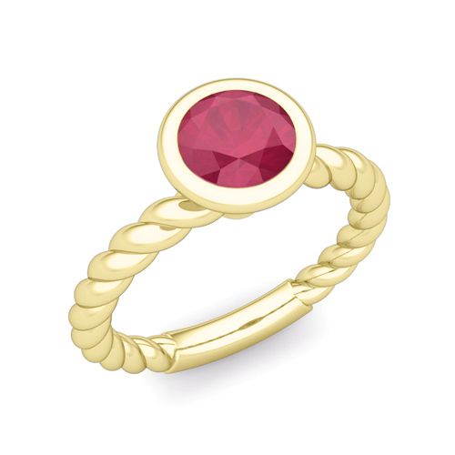 Bezel Set Solitaire Ruby Engagement Ring 18k Gold Rope Band 5mm